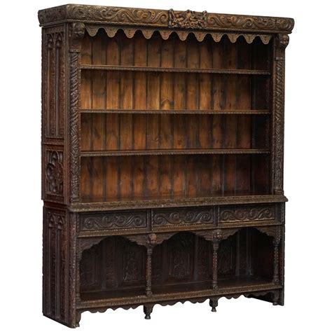 Pugin Style Large Gothic Revival Oak And Burr Oak Bookcase With