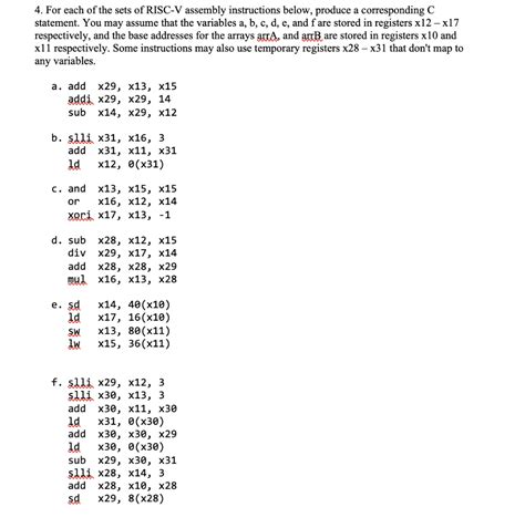 solved 4 for each of the sets of risc v assembly