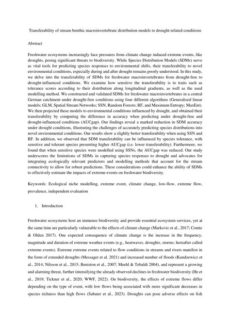 Pdf Transferability Of Stream Benthic Macroinvertebrate Distribution Models To Drought Related