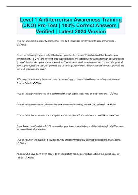 Level 1 Anti Terrorism Awareness Training Jko Pre Test 100 Correct Answers Verified