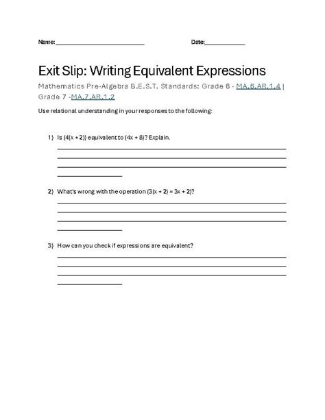 Equivalent Expressions Worksheet Pre Algebra Classful
