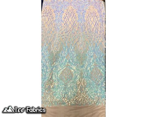 Tree Design Sequin Fabric By The Yard Iridescent Baby Blue On Nude Mesh 4 Way Stretch Spandex