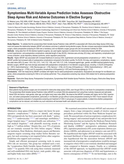 Pdf Symptomless Multi Variable Apnea Prediction Index Assesses Obstructive Sleep Apnea Risk