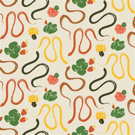 Seamless Pattern With Snakes And Cacti Reptiles With Desert Plants