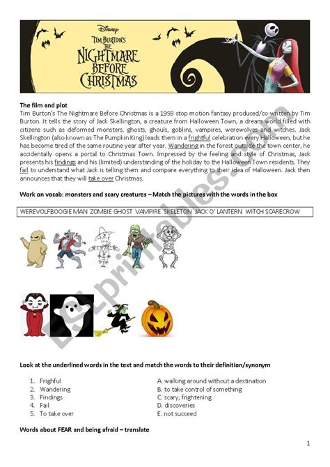 The Nightmare Before Christmas Esl Worksheet By Enricagugliotta