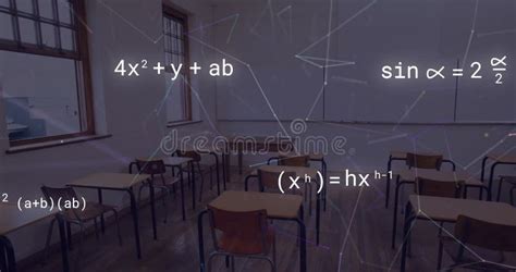 Animation Of Mathematical Equations And Network Of Connections Over Empty Classroom Stock