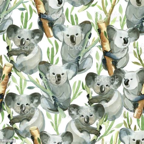 수채화 그림 흰색 배경에 고립입니다 회색 코알라의 완벽 한 패턴 대나무 지점 보유 갈색에 대한 스톡 벡터 아트 및 기타 이미지 갈색 검은색 곰 Istock