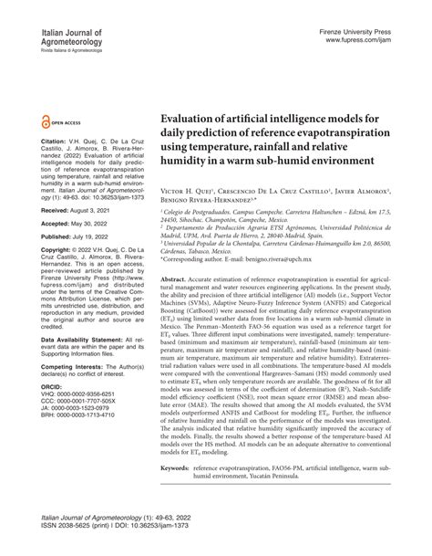 Pdf Evaluation Of Artificial Intelligence Models For Daily Prediction Of Reference