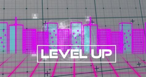 image of level up text over digital cityscape and globe stock image