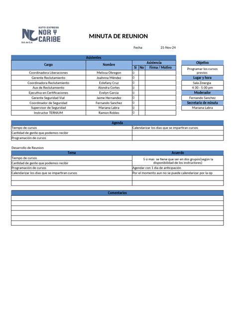Minuta De Reunión Cursos Y Ventas Pdf