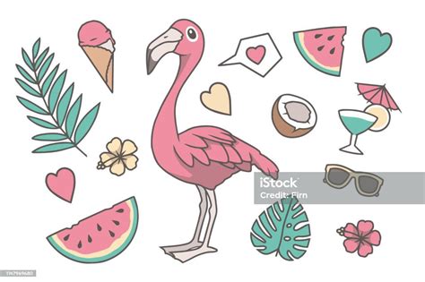 열 대 벡터 일러스트 레이 션 귀여운 만화 스타일 핑크 플라밍고 새 팜 및 몬스 테라 잎 하트 코코넛 선글라스 칵테일 음료 워터