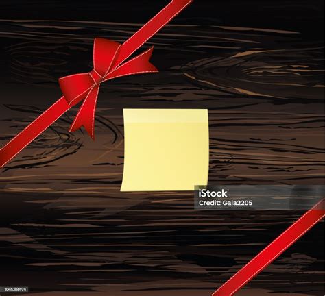 장식 레드 리본으로 대각선 모서리에 배너 활 와 나무 배경 복사 공간 벡터입니다 휴일 또는 파티 노란색 메모 종이의 시트입니다 스티커입니다 0명에 대한 스톡 벡터 아트 및