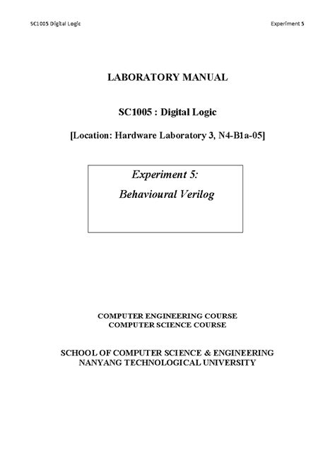 Cx1105 Lab5 Behavioural Verilog Laboratory Manual Sc1005 Digital Logic Location Hardware