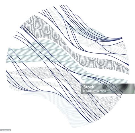 원 모양의 추상동양 일본 미술 벡터 배경 전통적인 스타일 디자인 물결 모양과 산 지형 풍경 바다 라인처럼 거친 언덕에 대한 스톡 벡터 아트 및 기타 이미지 Istock