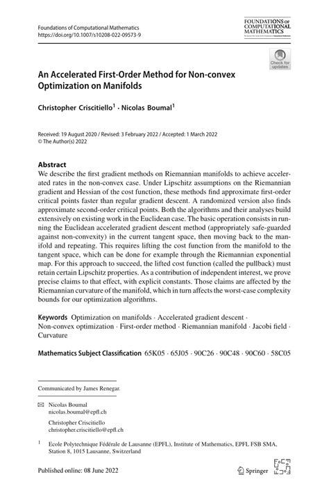 Pdf An Accelerated First Order Method For Non Convex Optimization On Manifolds