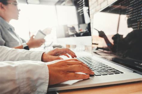 Developing Programmer Team Reading Computer Codes Development Website Design And Coding