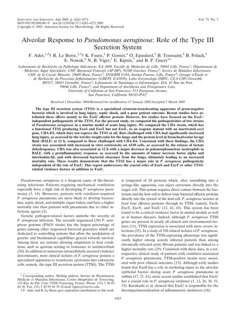 Pdf Alveolar Response To Pseudomonas Aeruginosa Role Of The Type Iii