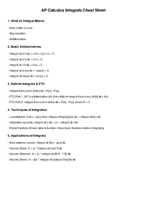 Ap Calculus Apc Integrals Cheat Sheet Key Concepts And Techniques