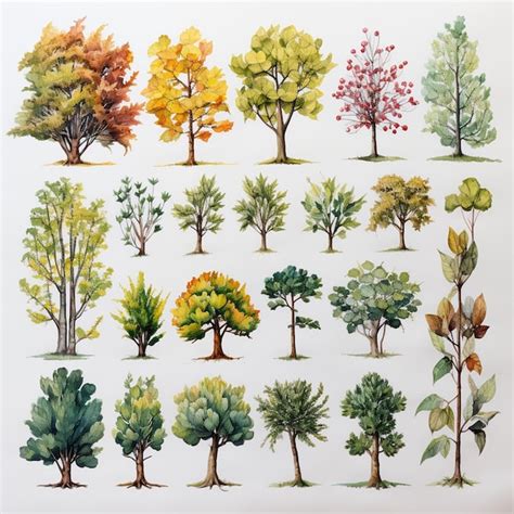 Colorful Array Of Diverse Tree Illustrations Depicting Various Species And Seasons Premium Ai
