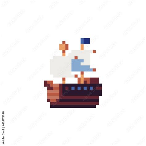 Pirate Wooden Ship Icon Pixel Art Style Sailing Boat Old School