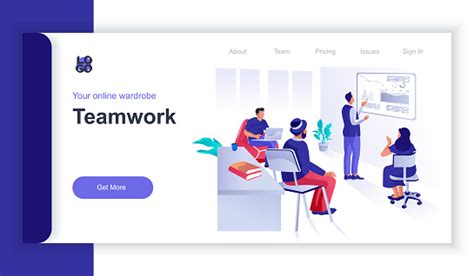 팀웍 개념 3d 아이소메트릭 웹 배너와 사람 장면 동료들은 사무실에서 프레젠테이션을 보고 회의에서 작업 작업에 대해 토론합니다 방문 페이지 및 웹 템플릿 디자인을 위한 벡터