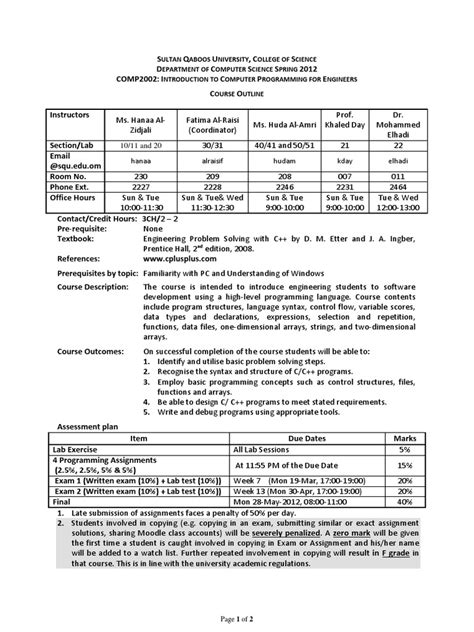 Squ Computer Programming Course Outline Pdf Control Flow C