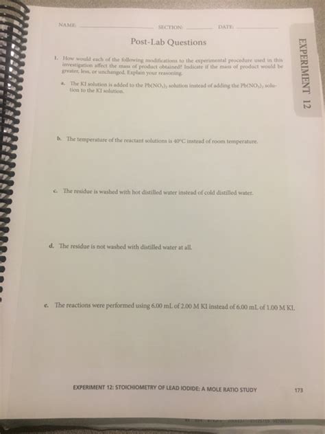 NAME DATE SECTION Post Lab Questions 1 How Would Chegg Com