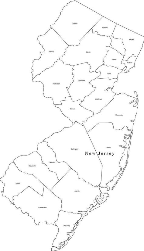 Black And White New Jersey Digital Map With Counties