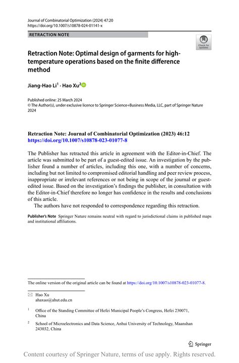 Retraction Note Optimal Design Of Garments For High Temperature Operations Based On The Finite