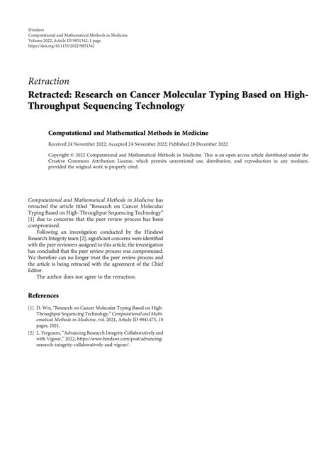 Pdf Retracted Research On Cancer Molecular Typing Based On High Throughput Sequencing Technology