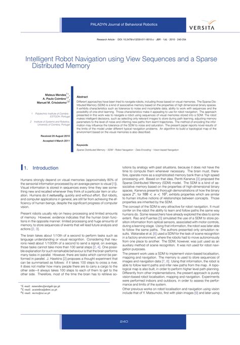 Pdf Intelligent Robot Navigation Using View Sequences And A Sparse Distributed Memory