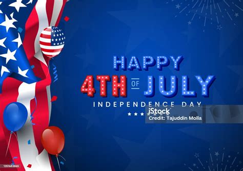 7월 4일 미국 인디펜던스 데이 모던 트렌디한 디자인 3d 스타 레터링 타이포그래피 디자인 미국 국기 를 흔들고 불꽃 이터 및 풍선 포스터 배너 엽서 전단지 인사말 카드의