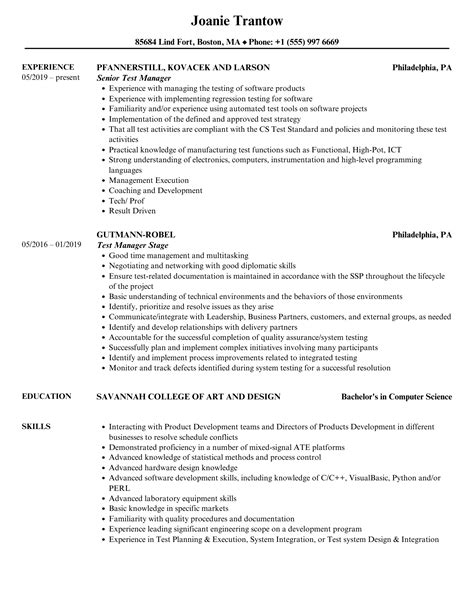 Test Manager Resume Samples Velvet Jobs
