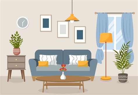 Living Room Interior Vector Flat Illustration Comfortable Sofa With