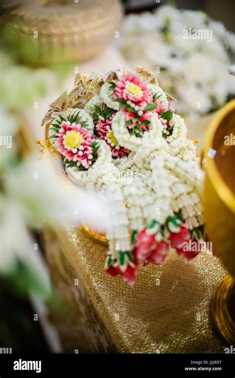 Flower Garland For Bride And Groom Thai Traditional Wedding Stock