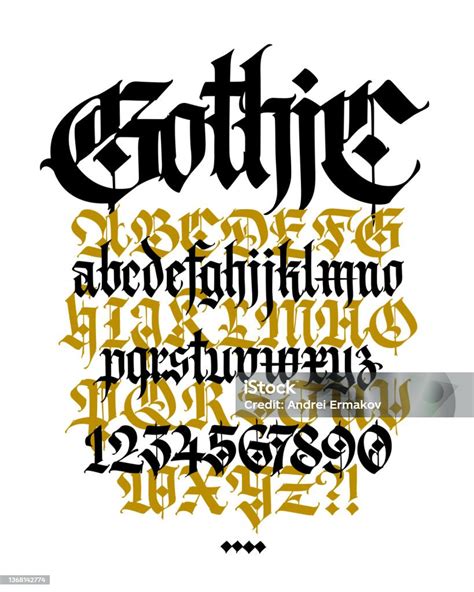 고딕 영어 알파벳 중세 라틴어 문자와 숫자 문신에 대한 징후와 기호 고대 유럽 스타일 서예와 글자 대문자와 소문자를 분리합니다