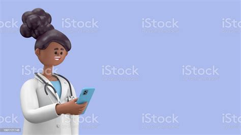 여성 의사 줄리엣의 3d 그림은 복사 공간이 있는 흰색 배경 위에 빨간색 지도 포인터가 있는 스마트폰을 사용합니다 파란색 배경에 분리된 의료 프레젠테이션 클립 아트입니다