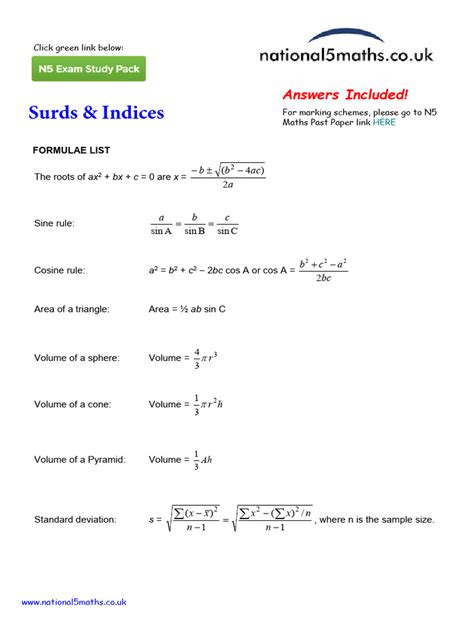Sqa N5 Maths Practice Questions Surds And Indices Pdf Geometry