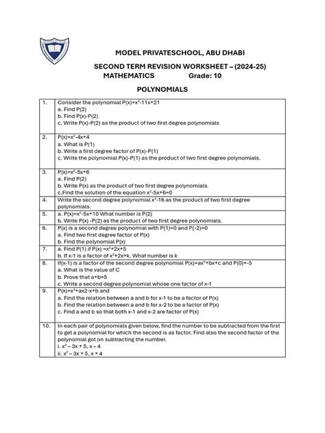 Polynomial Revision Worksheet Pdf Teaching Methods And Materials Science And Mathematics