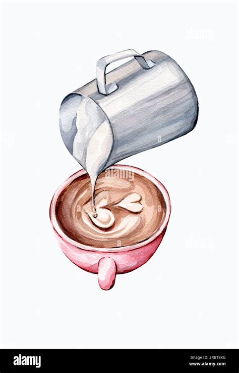 Watercolor Coffee With Milk Latte Art Watercolor Illustration Stock