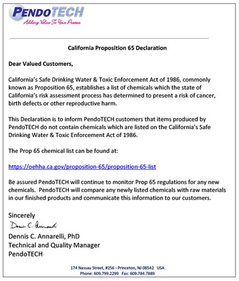 Prop 65 Declaration Template