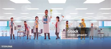과학 연구원 팀은 균일 한 협력 팀워크 연구 과학 개념 현대 실험실 내부 전체 길이 평면 수평에서 실험 과학자 그룹을 만드는 과학자에 대한 스톡 벡터 아트 및 기타 이미지