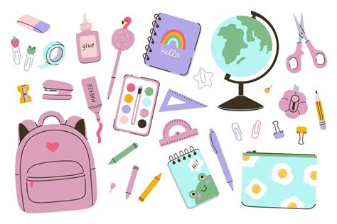 Set Of Cute School Supplies Isolated On White Background Graphics
