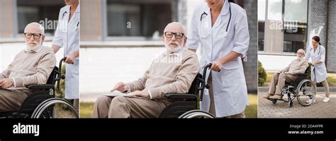 Collage Of Handicapped Man In Wheelchair Walking With Nurse Outdoors