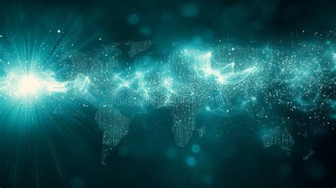 A Digital World Map With Glowing Light Points And Rays Representing Global Data Connections