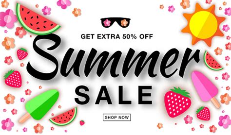 여름 판매 서식 파일 수평 평면 배너 평면 종이 태양 수 박 아이스크림 딸기 꽃 벡터 여름 디자인 요소와 흰색 배경에 그려진된 인쇄 상의 글자를 손 50에 대한 스톡 벡터