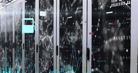 Animation Of Digital Icons Data Processing And Network Of Connections Against Computer Server
