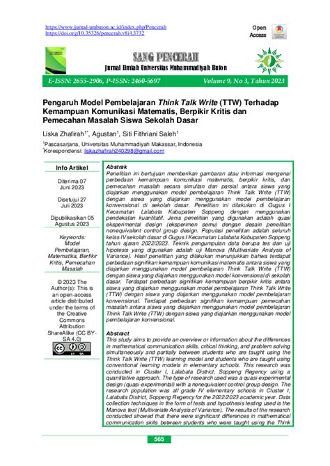 Pdf Pengaruh Model Pembelajaran Think Talk Write Ttw Terhadap Kemampuan Komunikasi Matematis