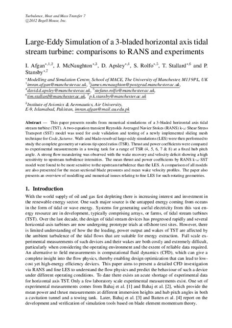 Pdf Large Eddy Simulation Of A 3 Bladed Horizontal Axis Tidal Stream Turbine Comparisons To