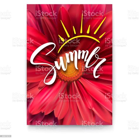 필기 텍스트와 오픈 붉은 꽃 봉 오리 클로즈업의 배경에 대 한 태양의 상징 여름 포스터 브러쉬 펜 글자입니다 여행 이벤트 여행사 작업 평면도 대 한 서식 파일 계절에 대한